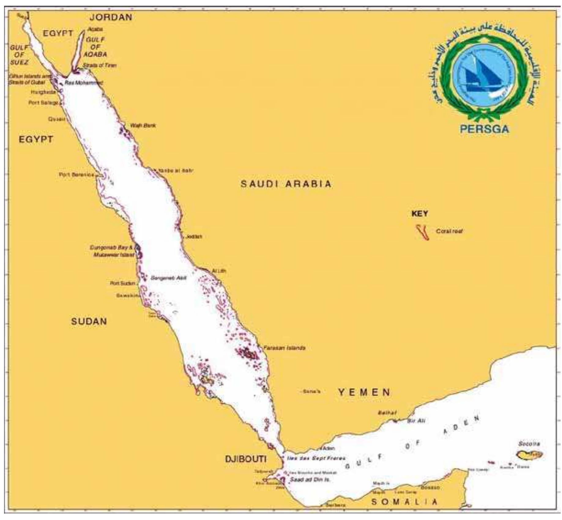 1: map indicating the location of coral reefs in the red sea