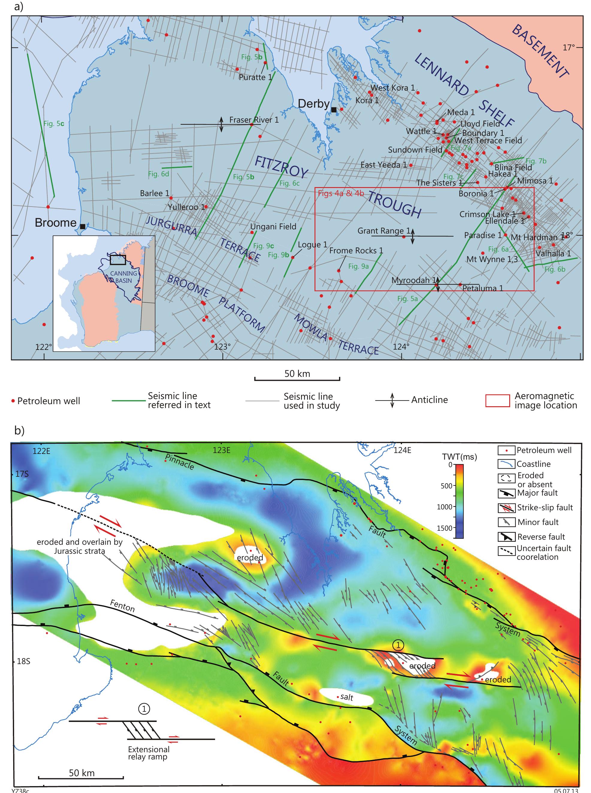 A) location of selected seismic sections, well and