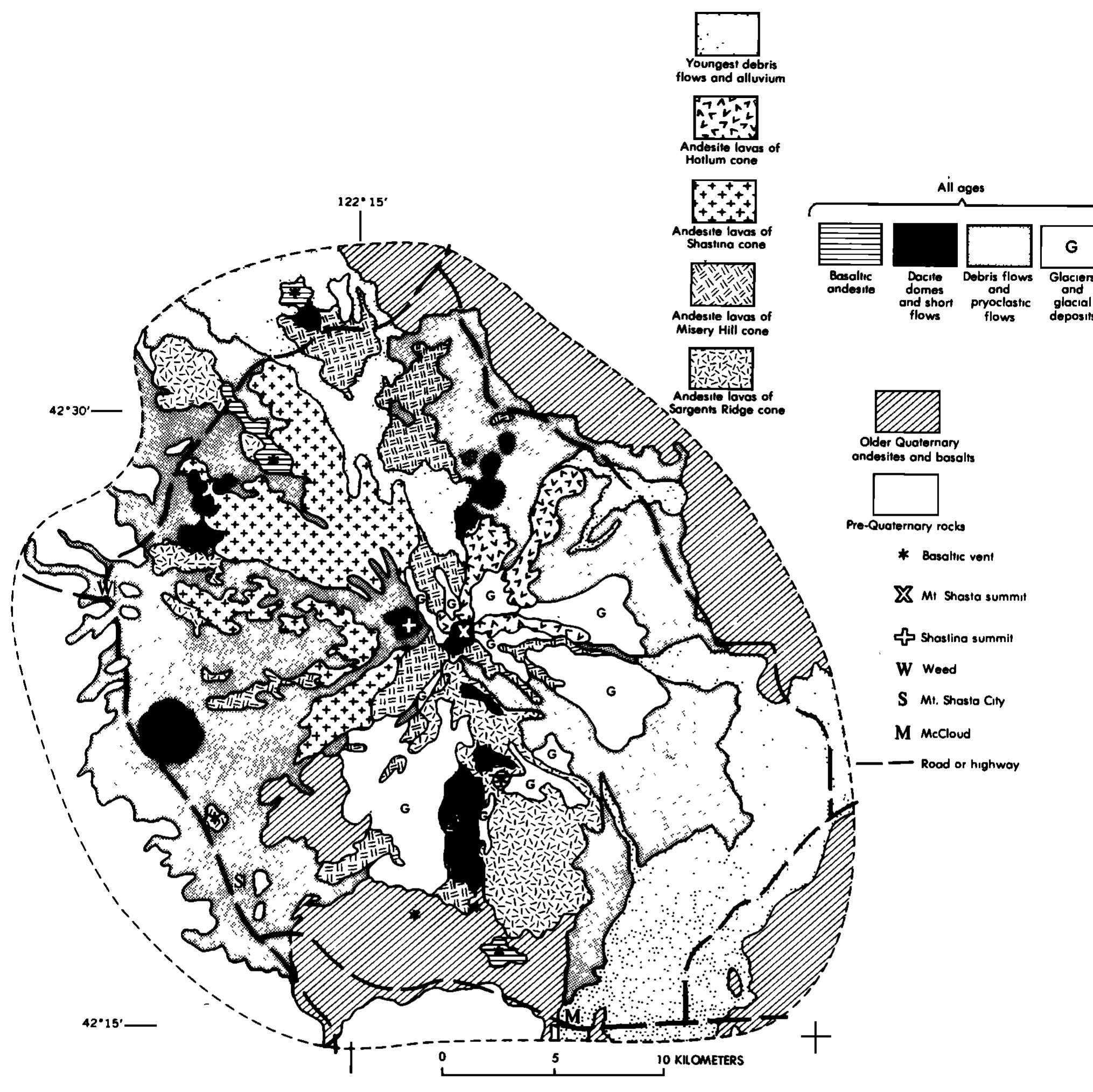 Generalized geologic map of mount shasta. volcanic rocks are