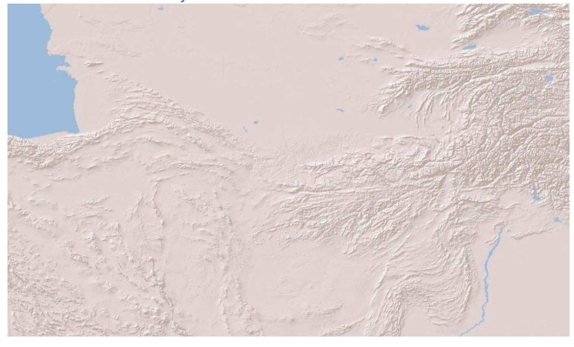 This map presents a worldwide shaded relief map at