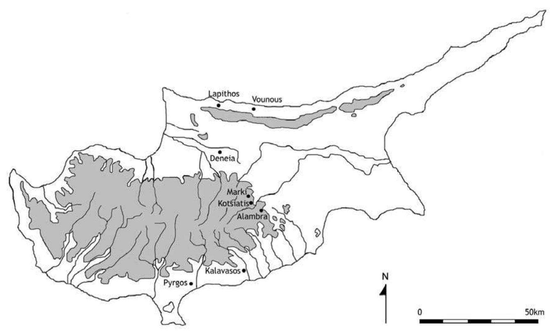 Map of cyprus in ec-mc period, showing sites mentioned in