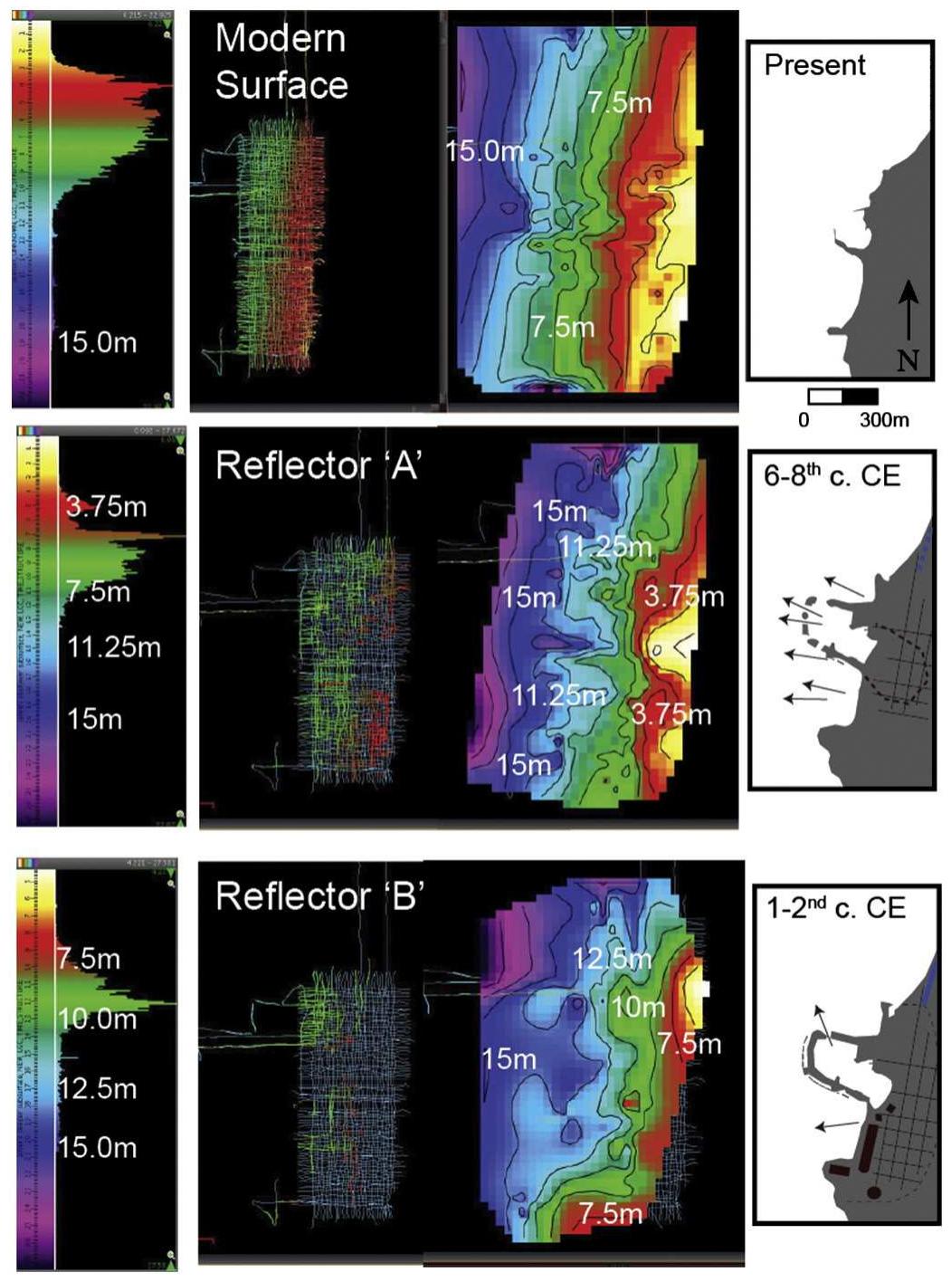 Structure maps of a.) the modern seafloor, b.) reflector “a”
