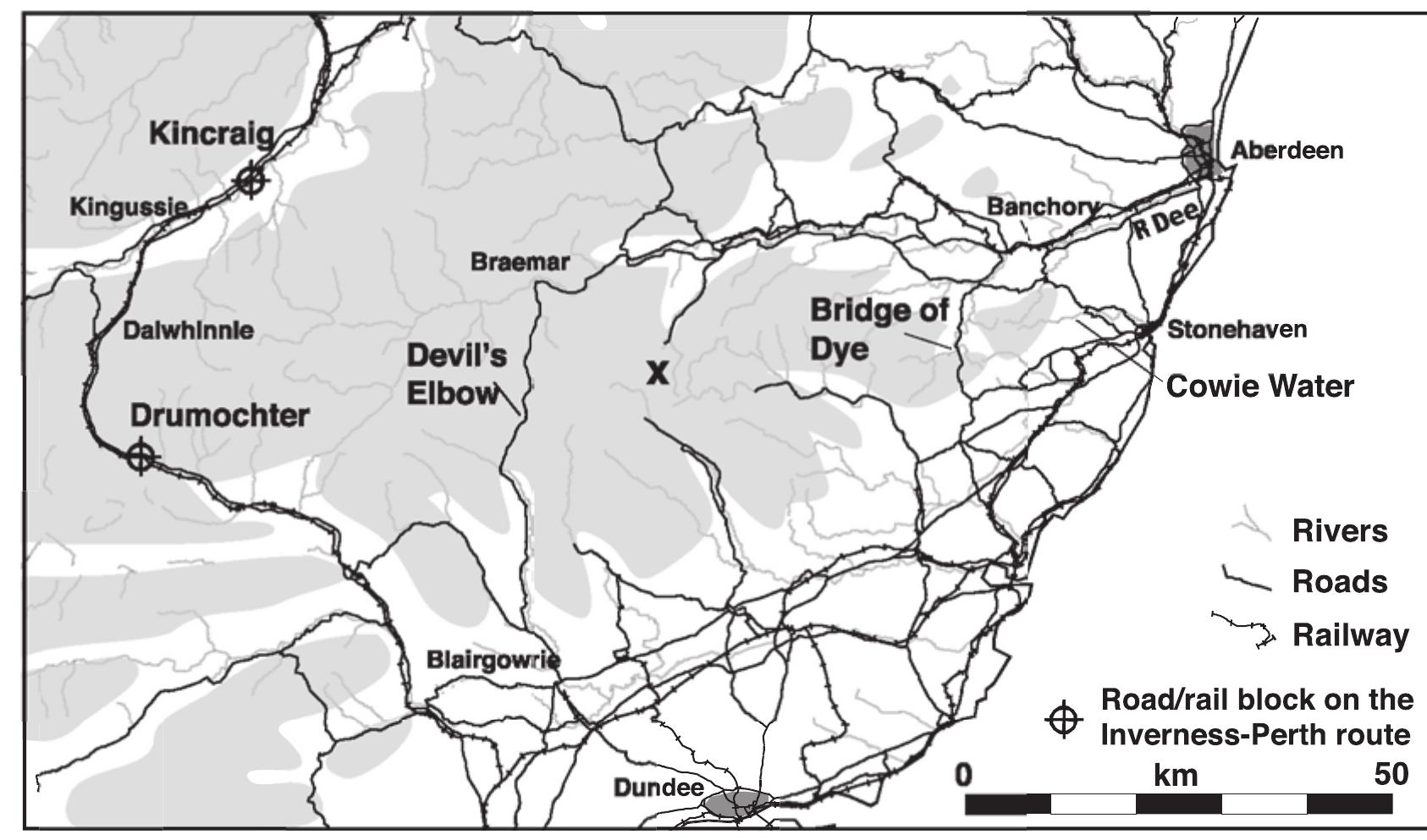 Llus 1 map of north-east scotland showing the main road