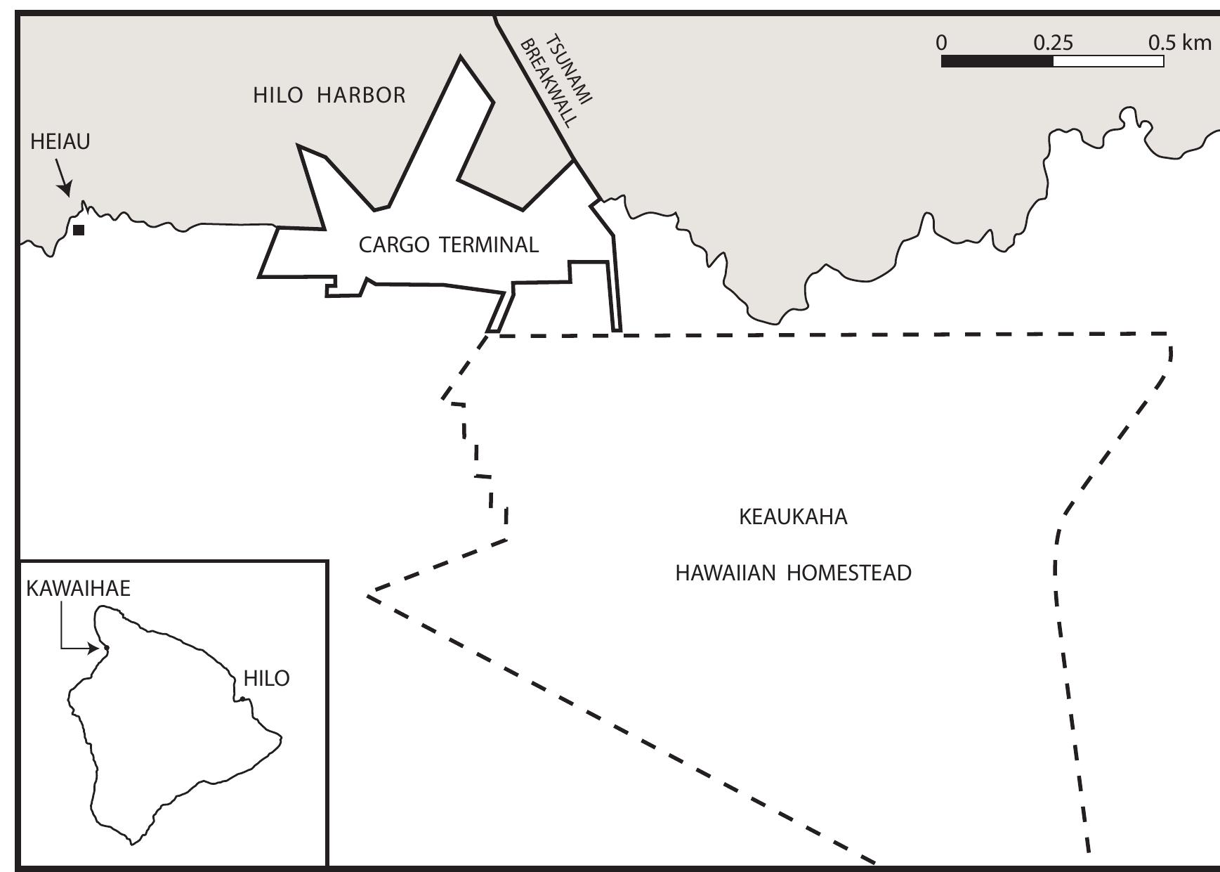The location of kawaihae and hilo harbors, showing the