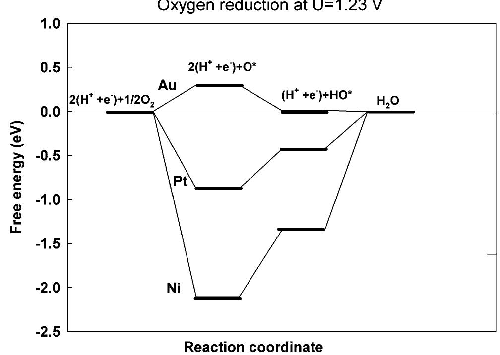 Free-energy diagram for oxygen reduction at the equilibrium