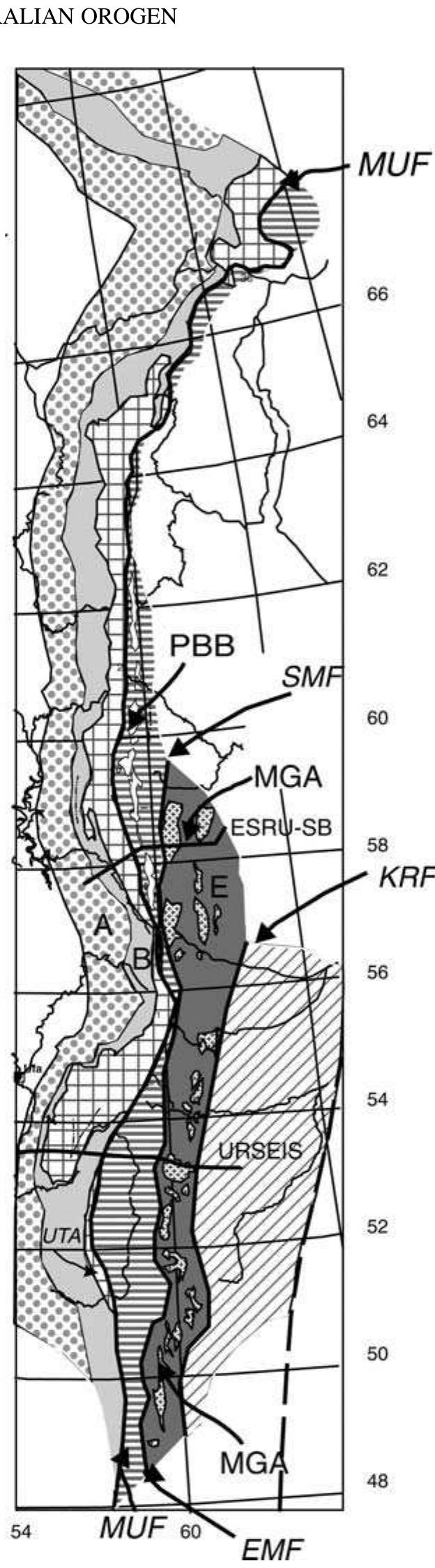 Tectonic zones of the urals (explanations in the text).