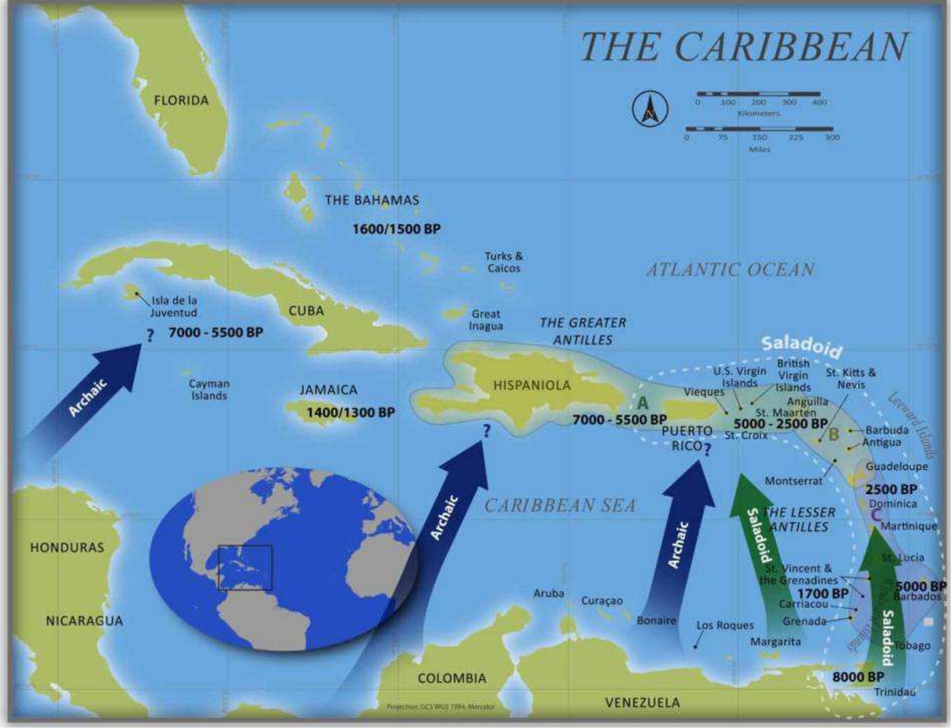 Map of the caribbean showing major population dispersals and