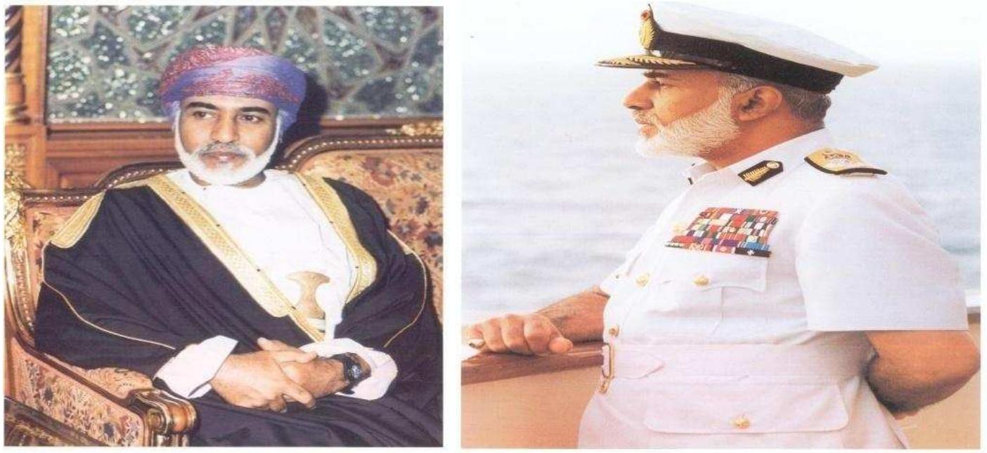2 photos of sultan qabiis in traditional and military dress