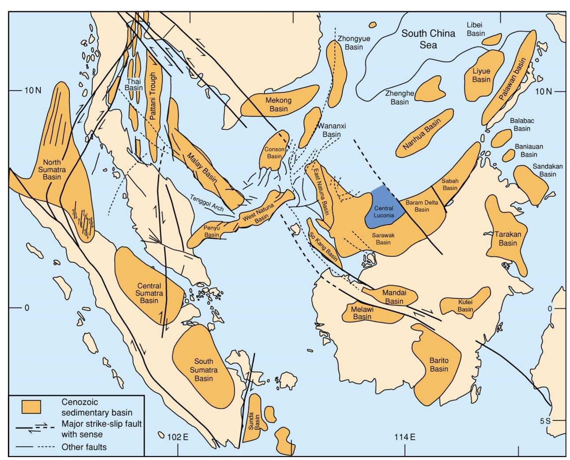 Oil- and gas-bearing cenozoic sedimentary basins and major