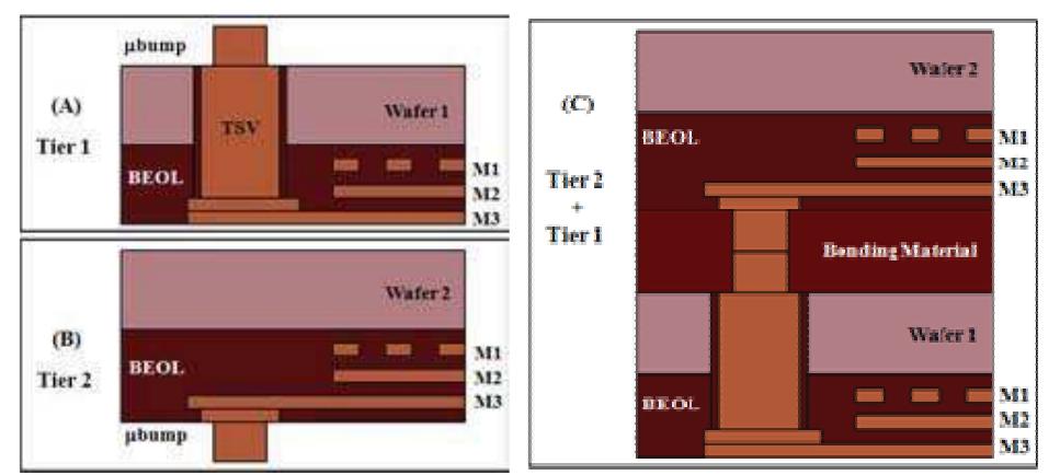 (a) tier 1 wafer; (b) tier 2 wafer; (c) combined structure.