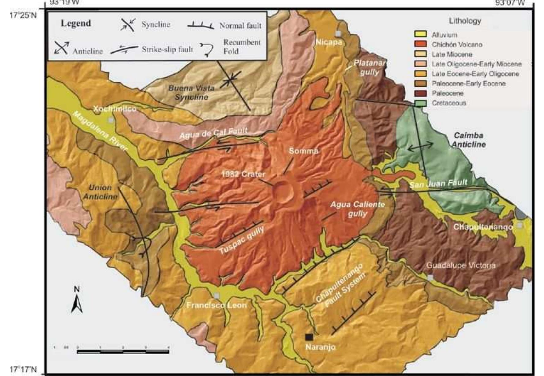 Geologic map of el chichon volcano showing strike-slip fault