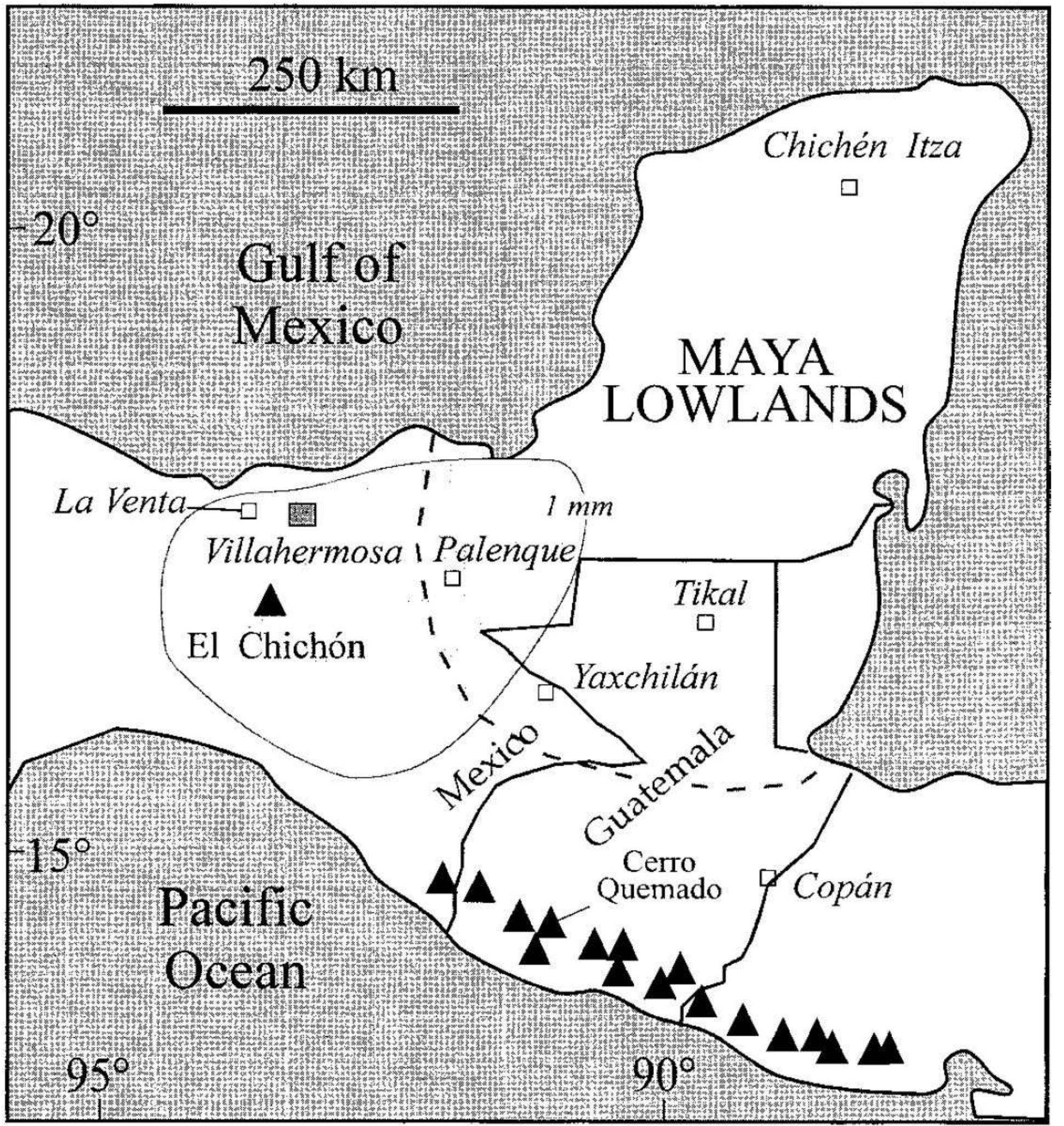Map showing ashfall distribution from 1982 el chichon