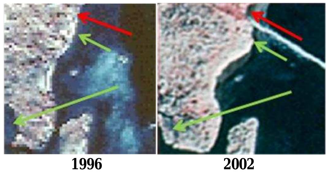 Igure 7. areas of erosion (red arrows) and deposition (green