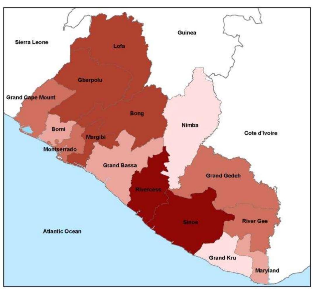 Percentage of dependent population per county. percentage of