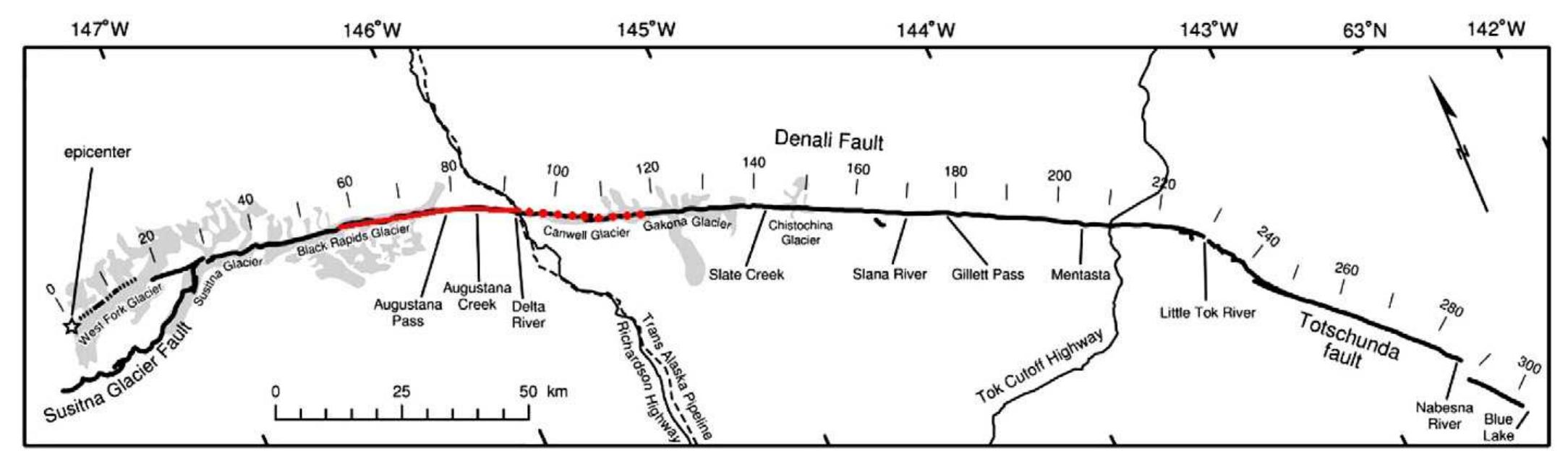 Map of surface rupture of the denali earthquake. the segment