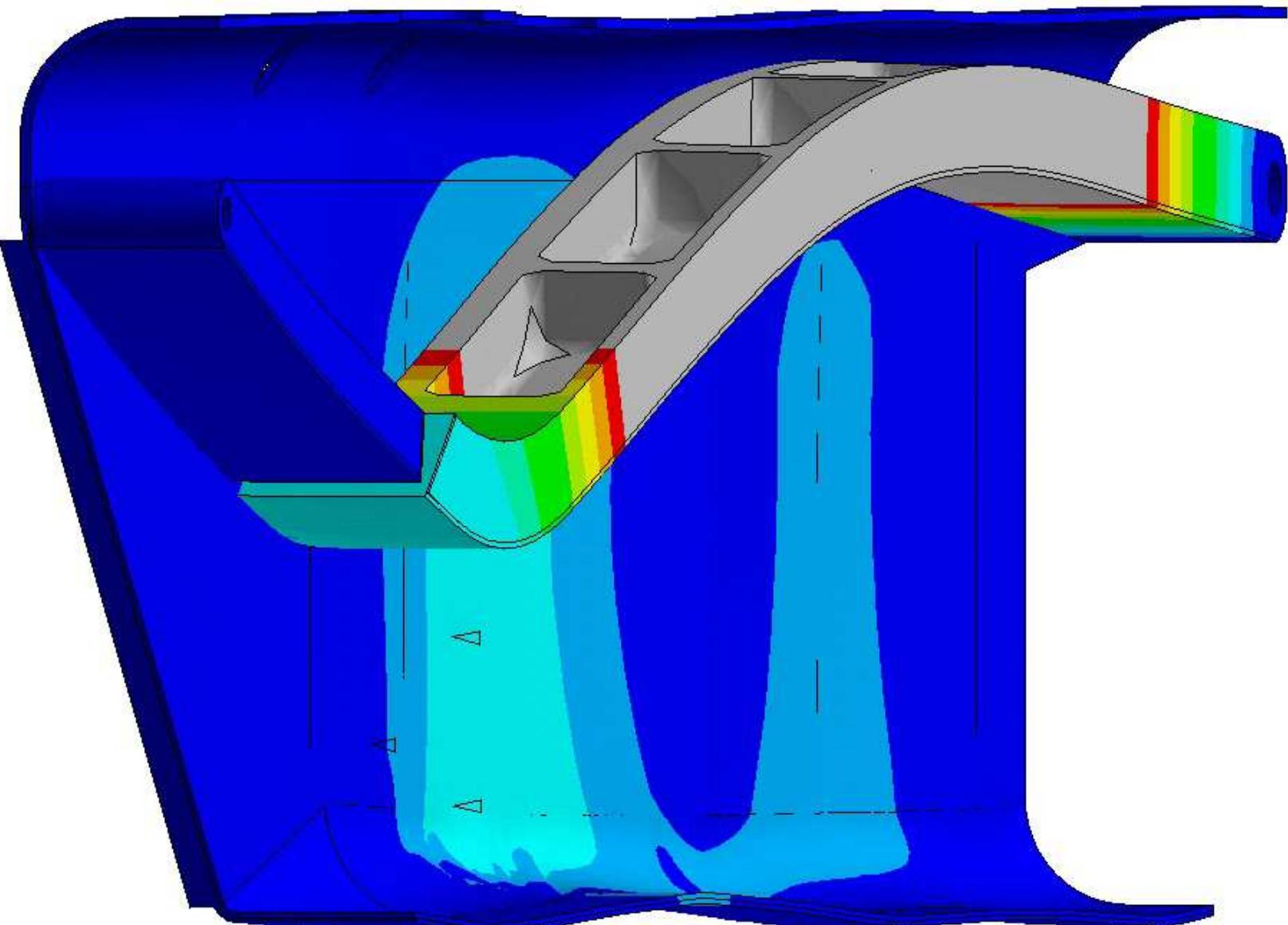 Engine strut structural model showing deflection contours at