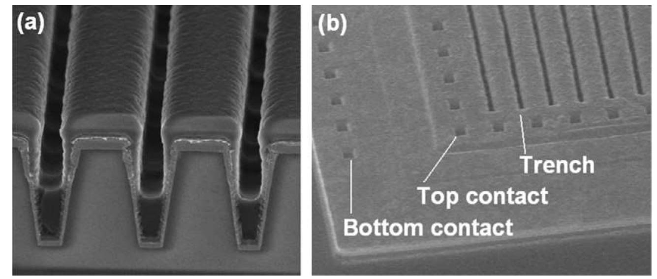 Trench sem cross-section (a) and 3d capacitor overview (b).