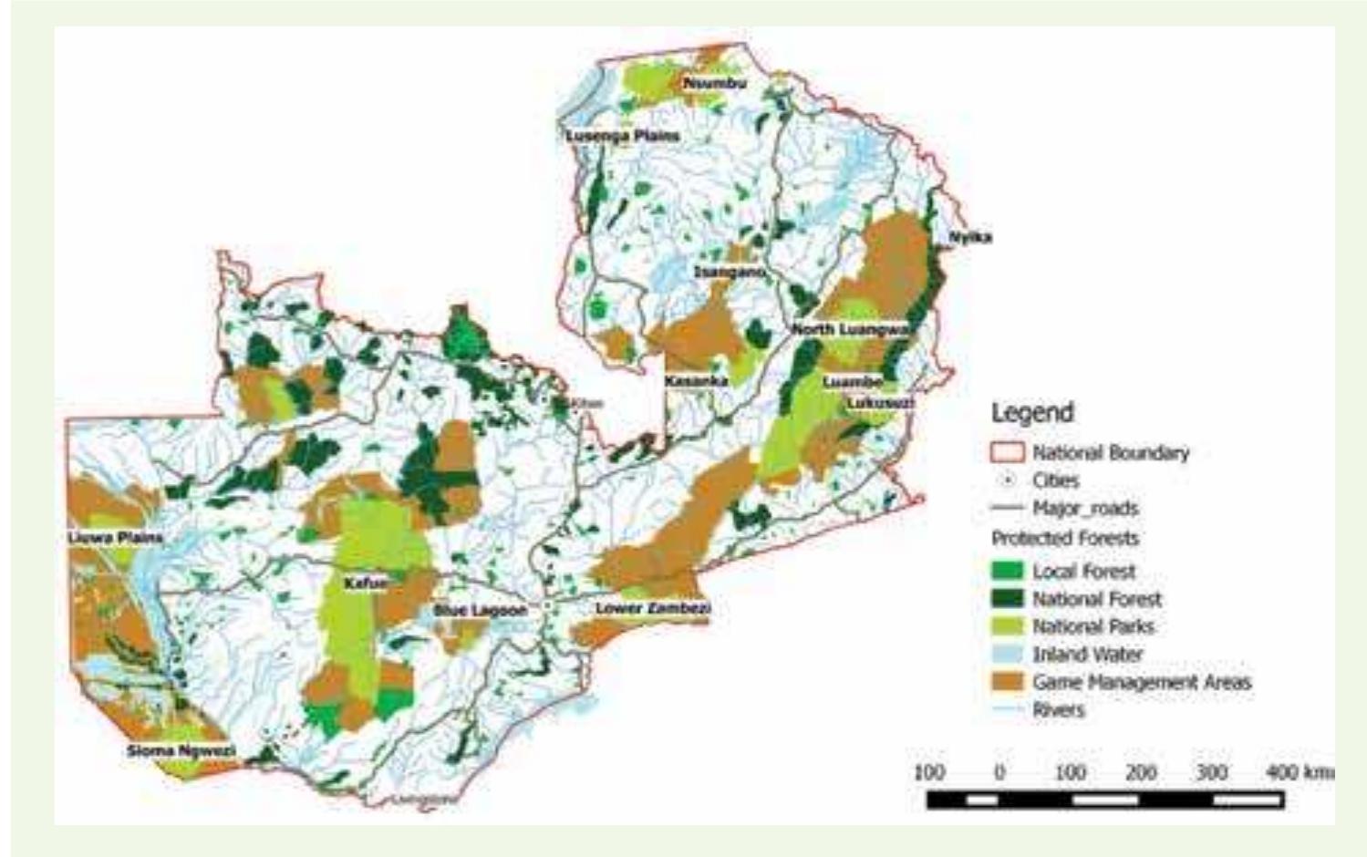 Protected areas, game management areas and forest reserves