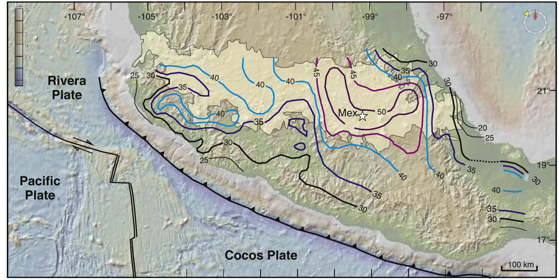 Map showing the thickness of the crust beneath and south of