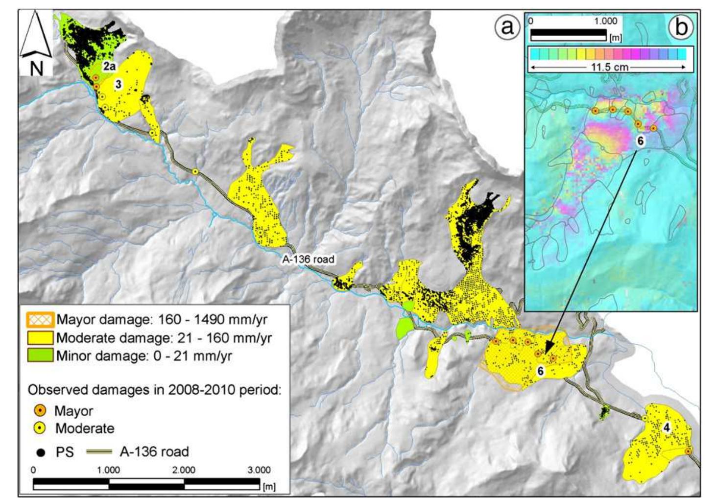 Landslide damage map for the a-136 road based on measured