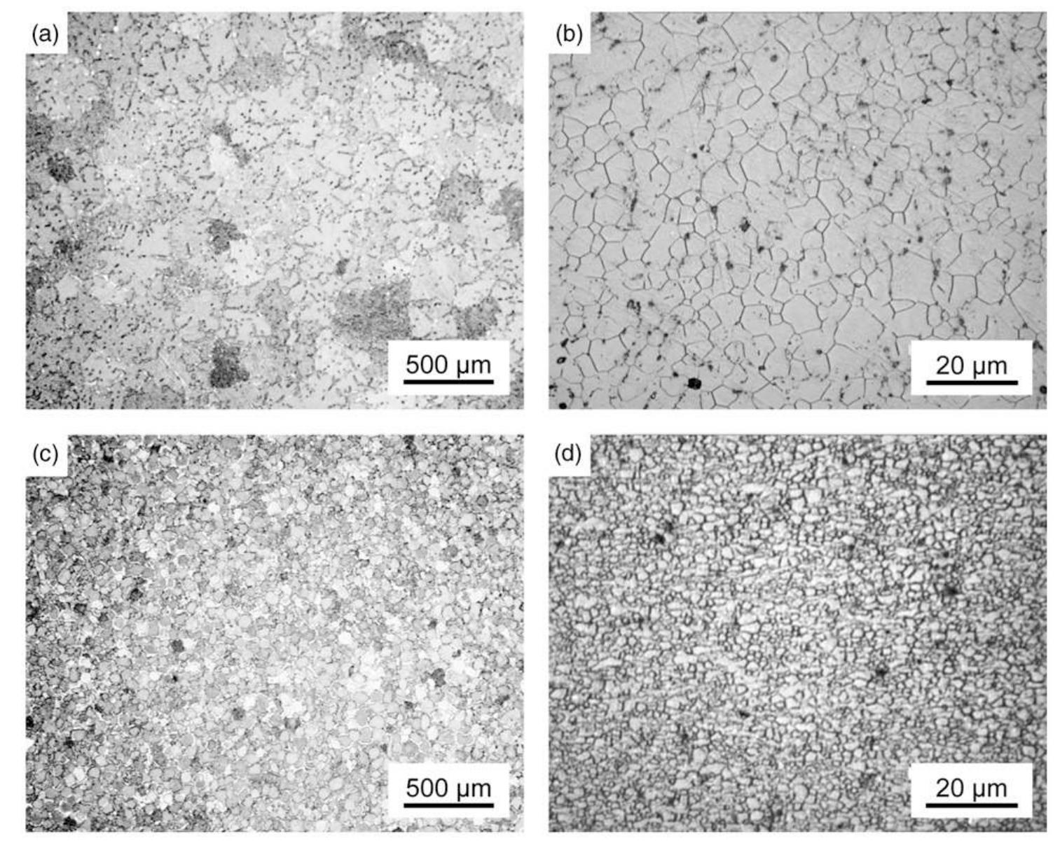 Optical microscopy images of (a) as-cast l1, (b) as-extruded