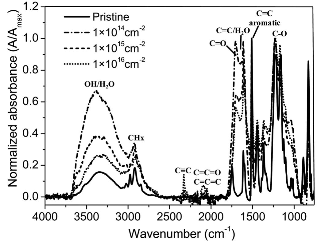 Atr-ftir spectra of pristine pr and crust implanted with as
