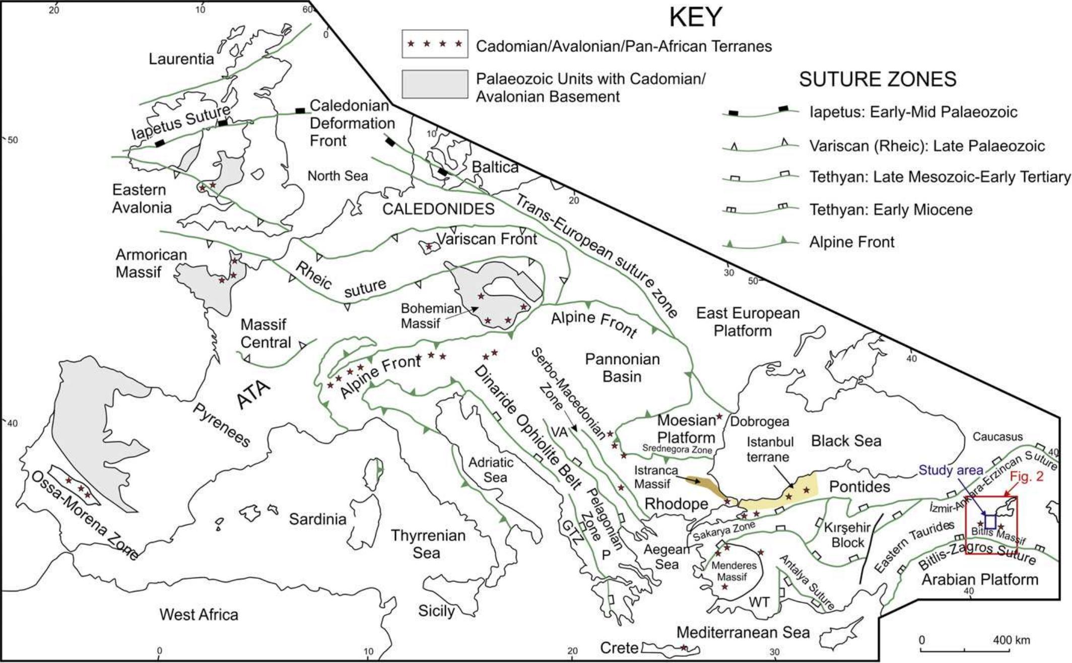 Tectonic map showing the locations of cadomian-avalonian