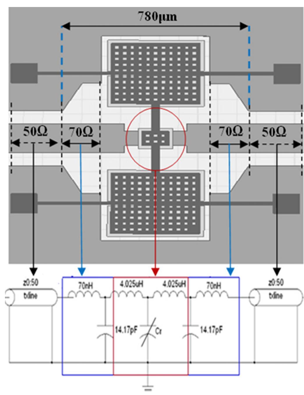 Schematic top view of unit cell phase shifter with the