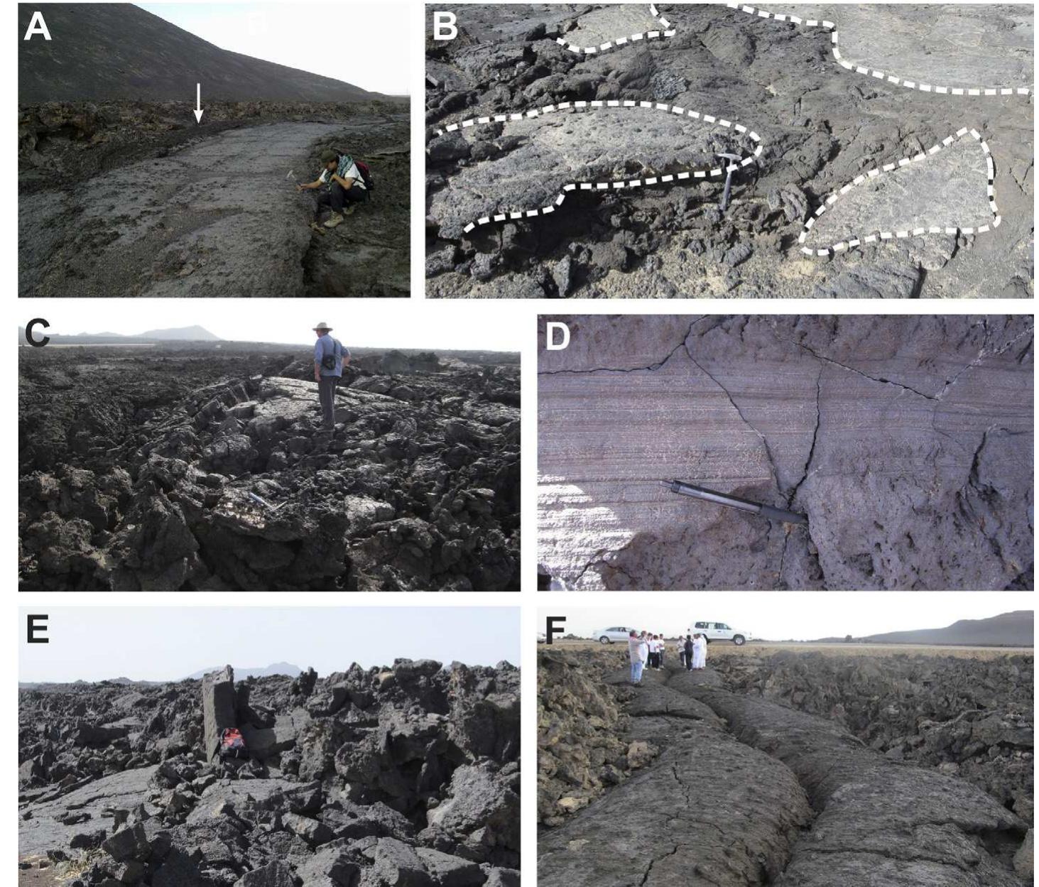 Typical lava structures of pahoehoe morphotypes. (a) lava