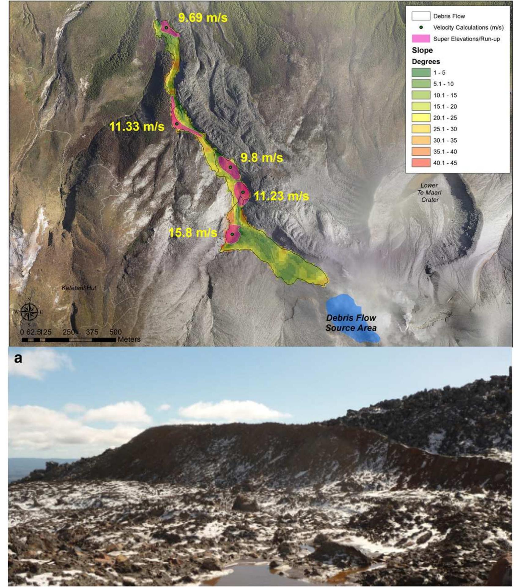 Map of the te maari debris flow highlighting areas