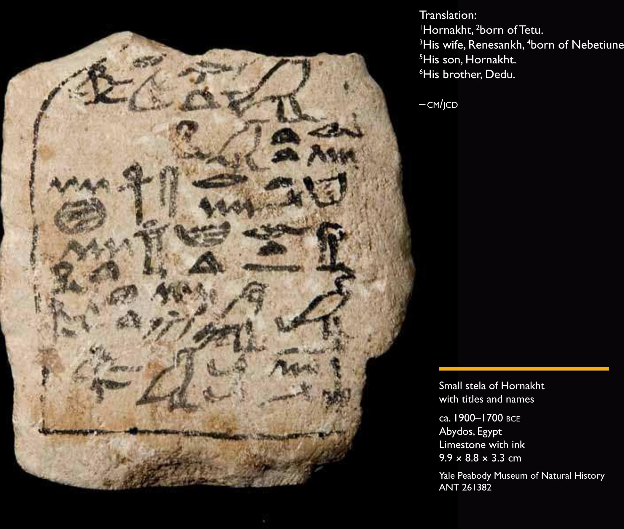 The six lines of cursive hieroglyphic text—a hybrid of