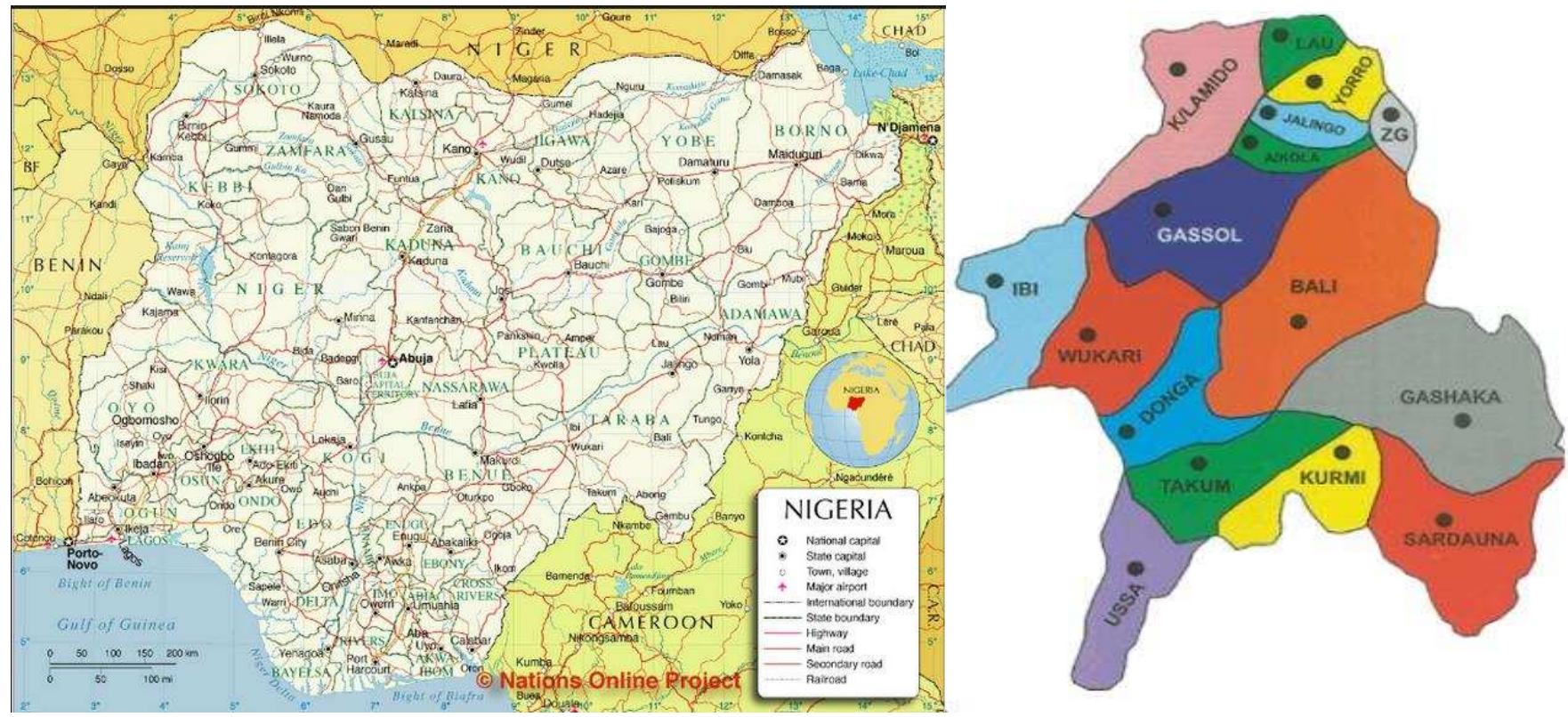Map of nigeria showing taraba state, and map of taraba state