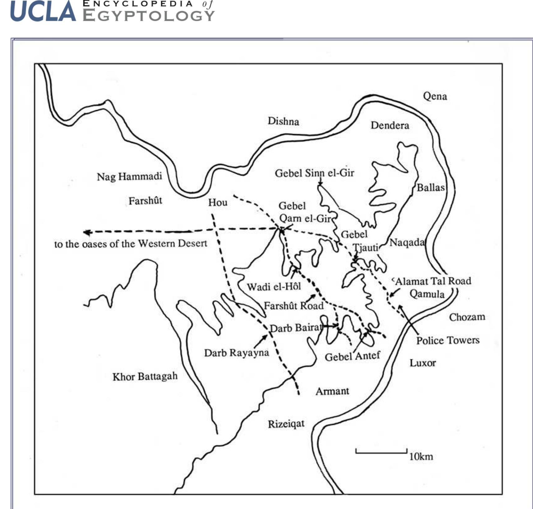 Map of sites and roads of the theban western desert.