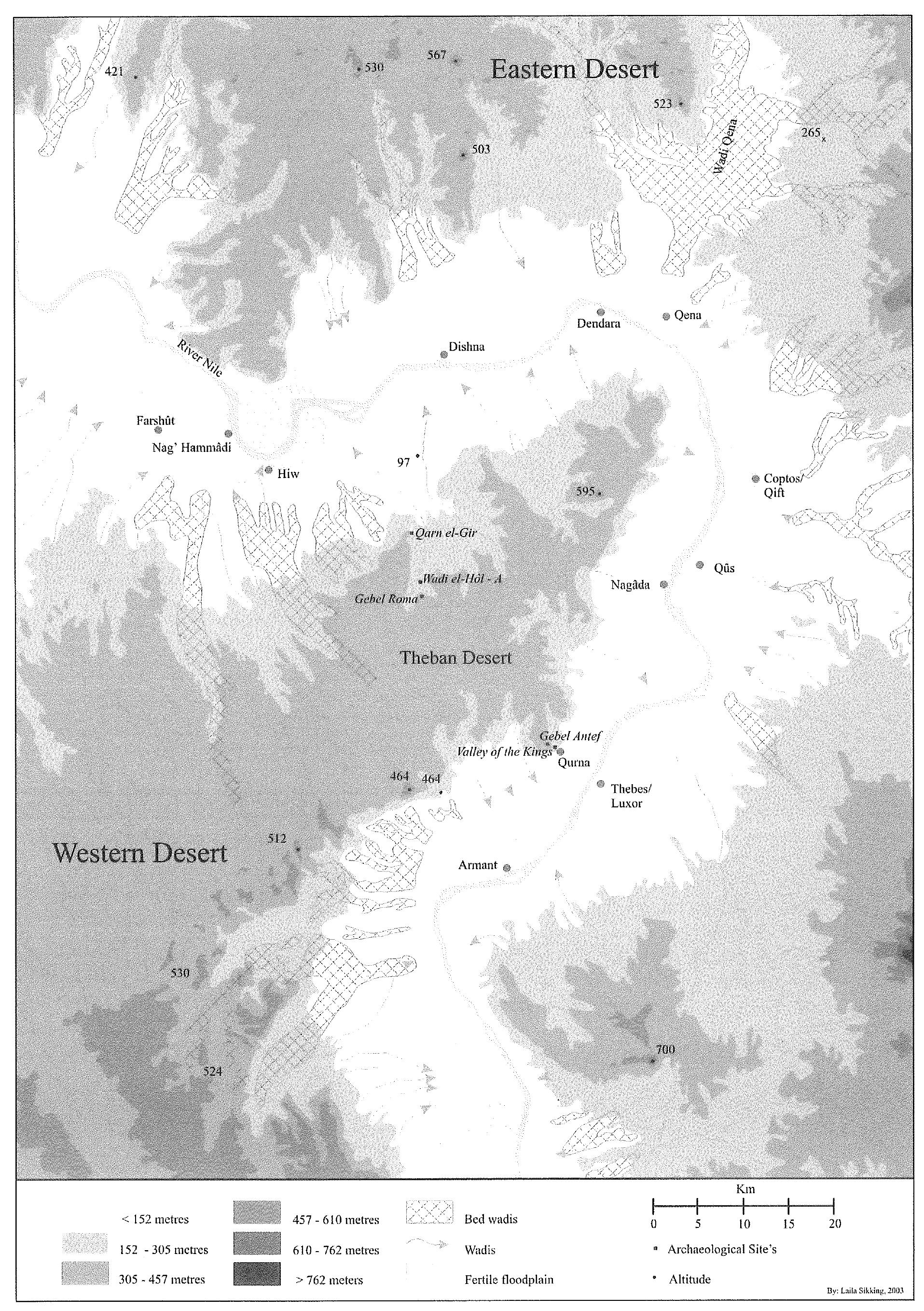 Qena bend of the nile with the main archaeological sites.