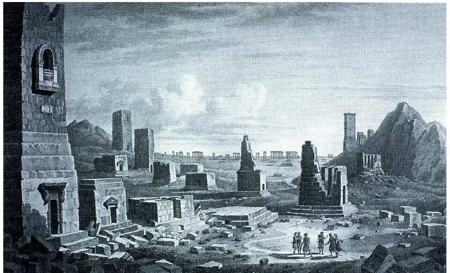 An old 18" century drawing by f. cassas depicting the valley