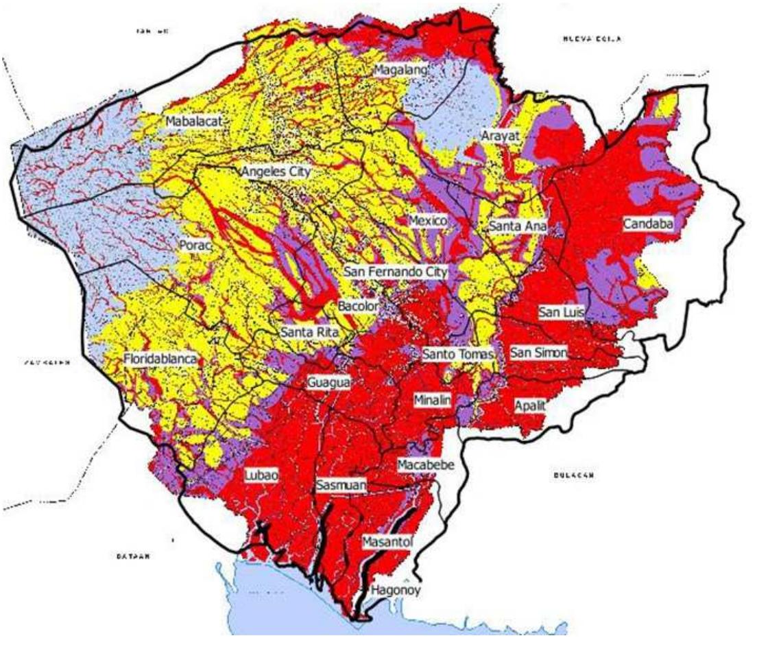 Flood hazard map of pampanga. red, purple, and yellow