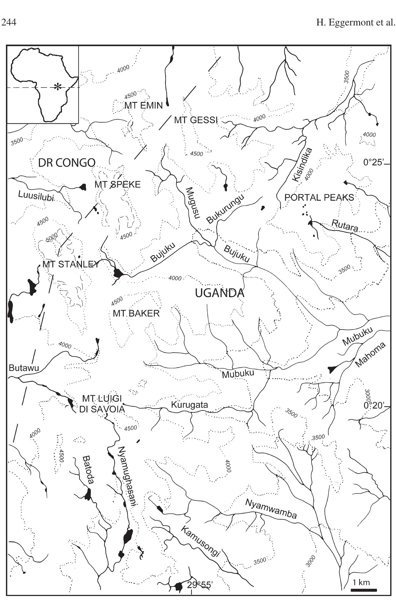Map of the rwenzori mountains, showing glaciers, river