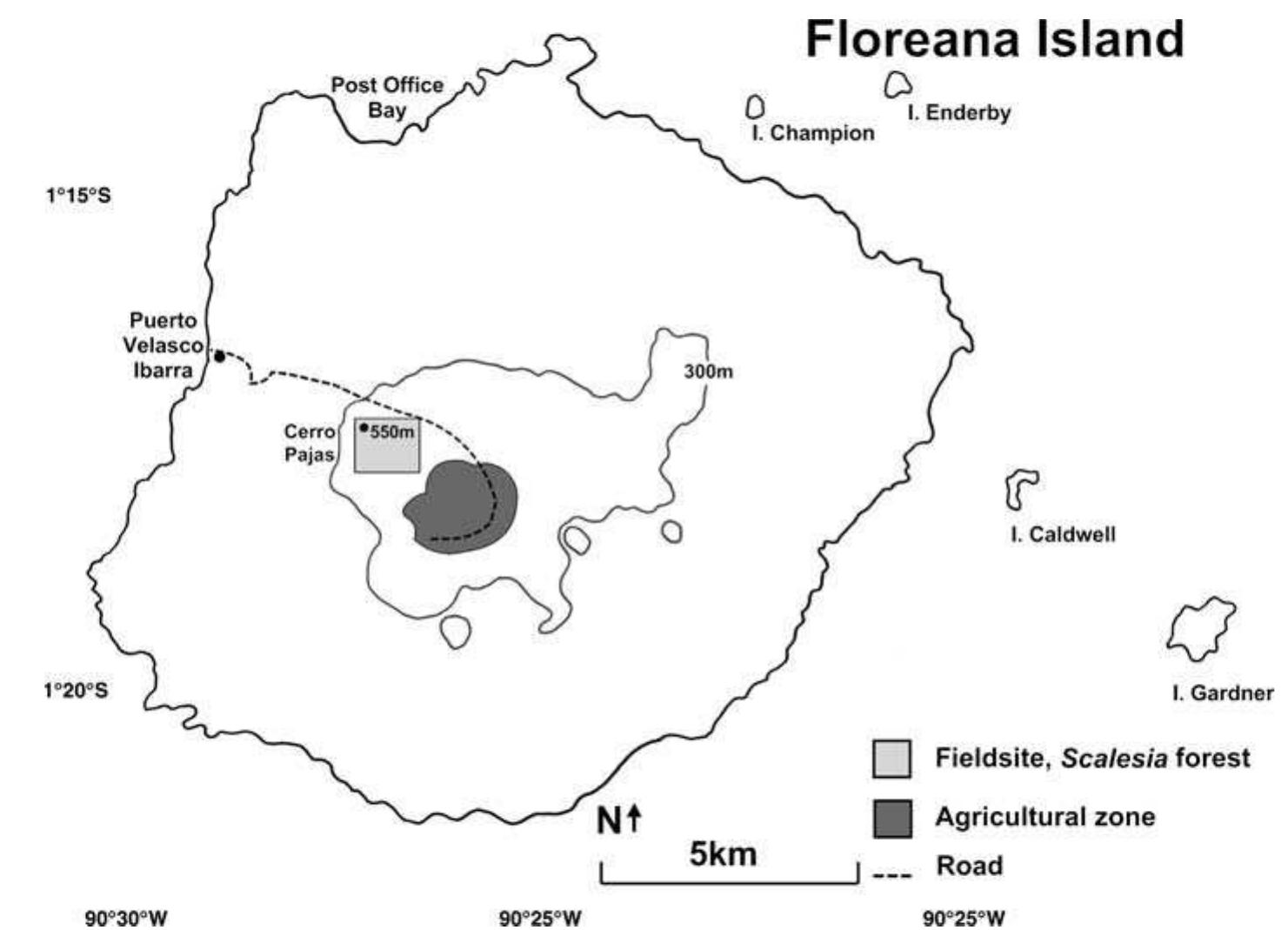 Map of floreana island, galapagos archipelago, ecuador. the