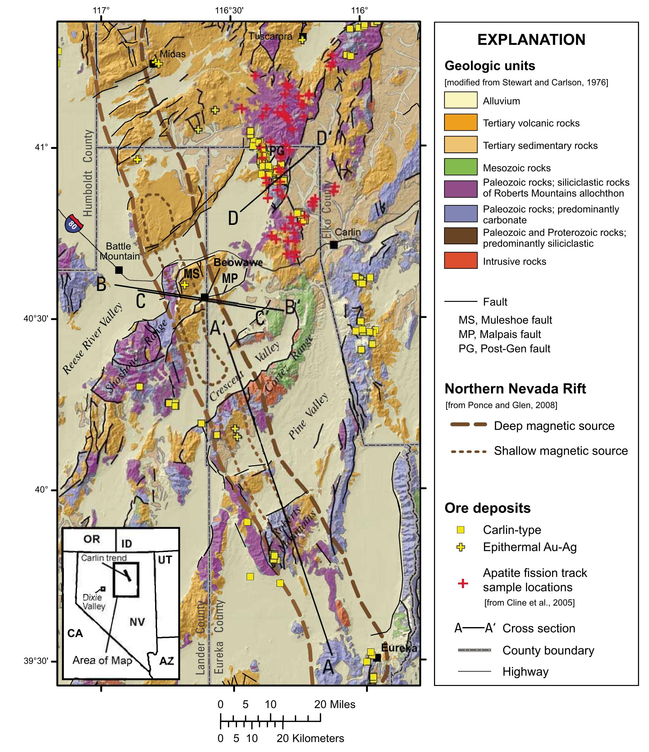 Map of nevada showing locations of gold districts and