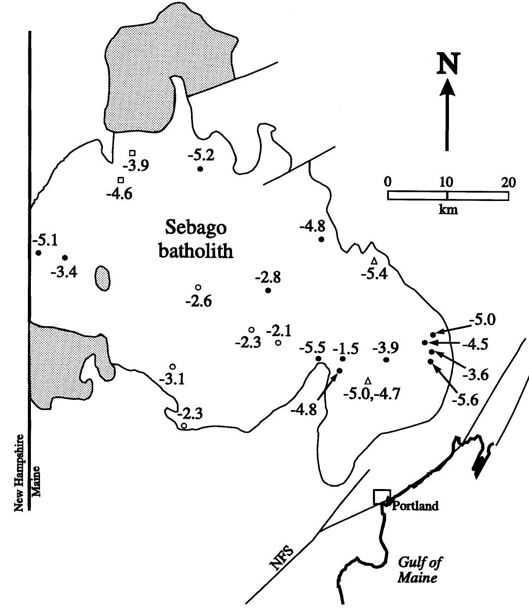 Sebago batholith map with ¢,,(293 ma) by granite type. the