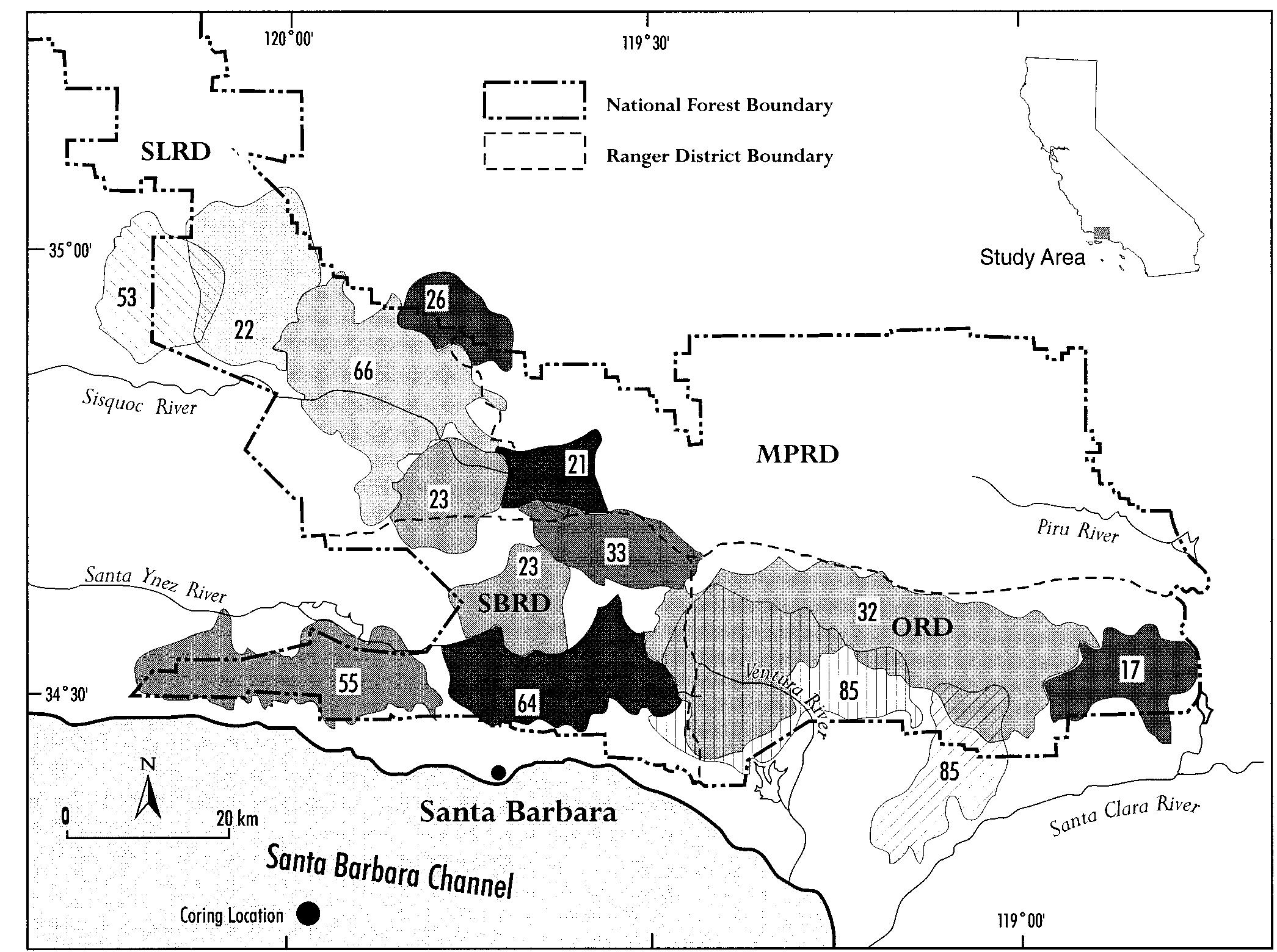 Map showing the study area and major fires. the coring