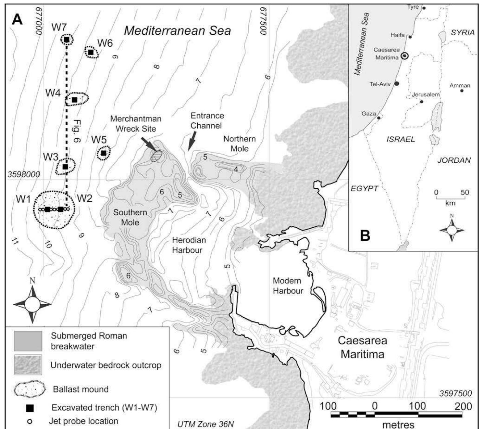 A. study area map showing submerged roman harbour ruins,