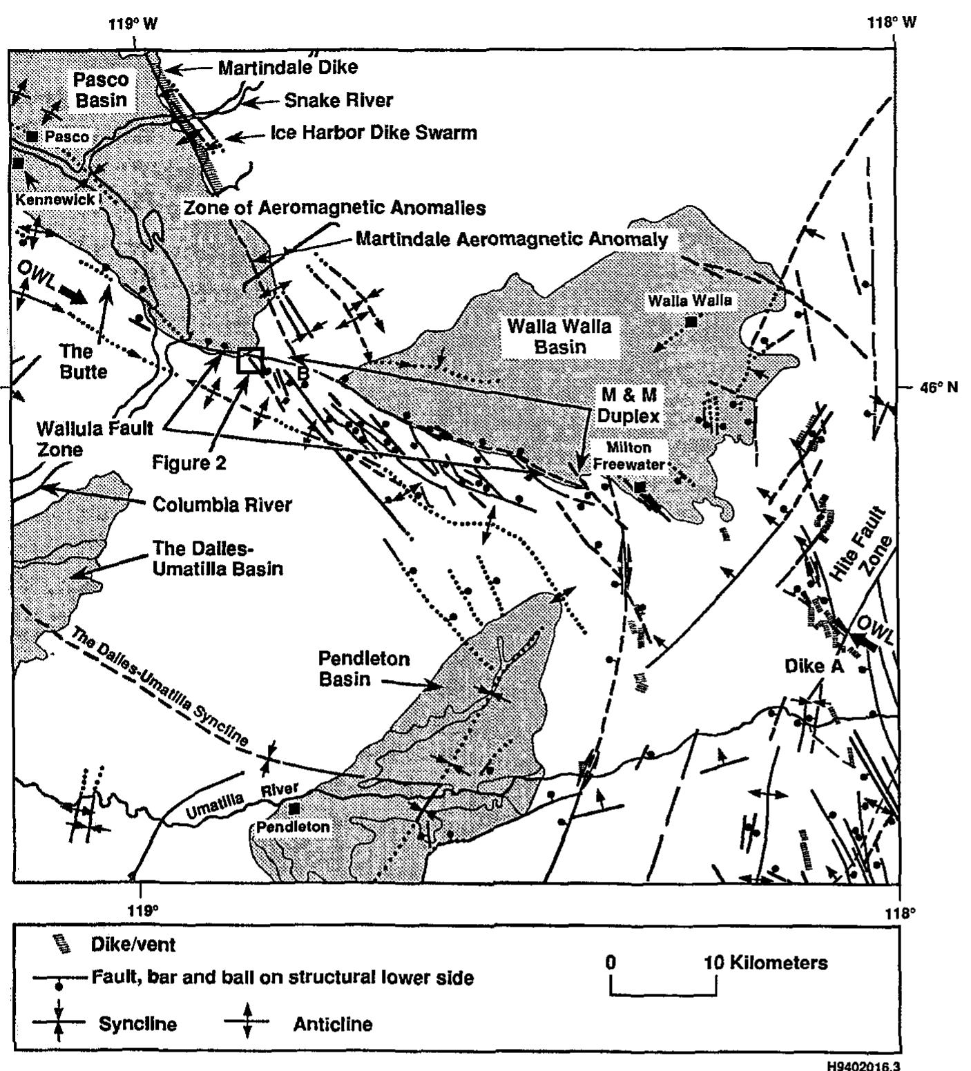 Generalized structure map of wallula fault zone and vicinity