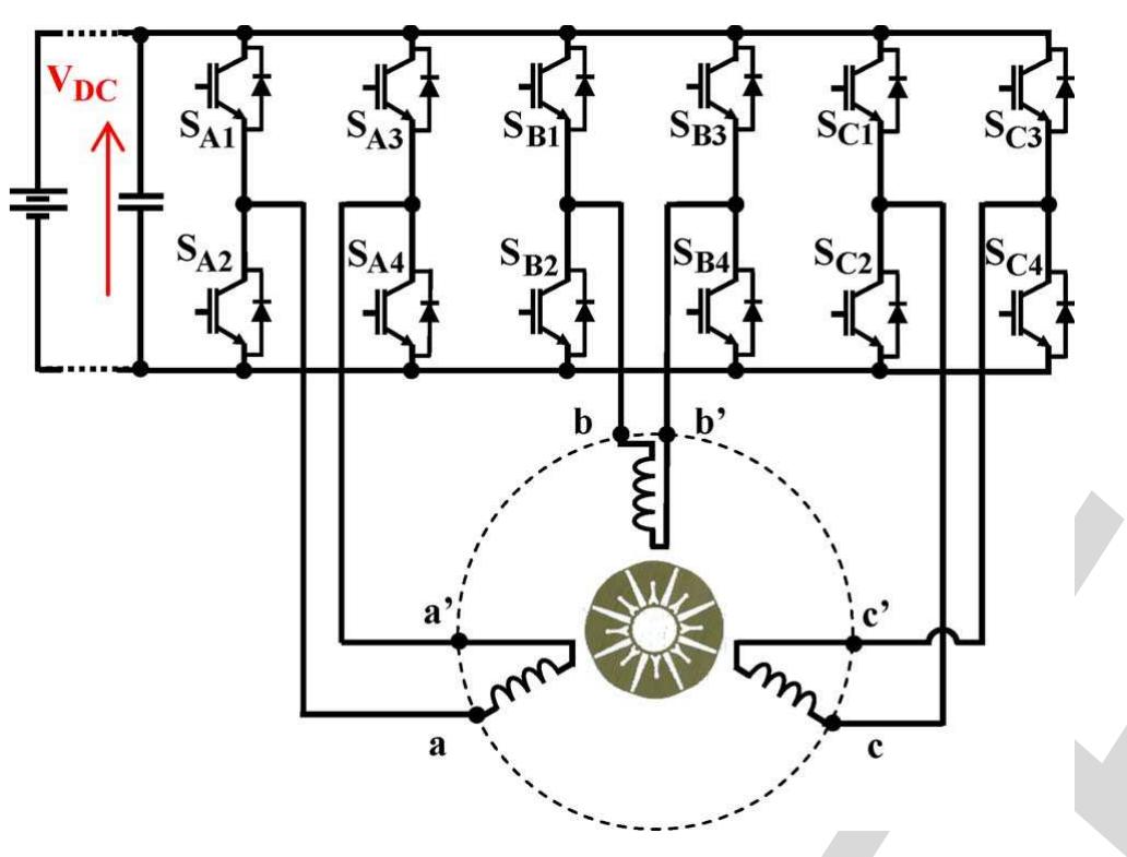 Drive topology composed of a single energy source, a six-leg