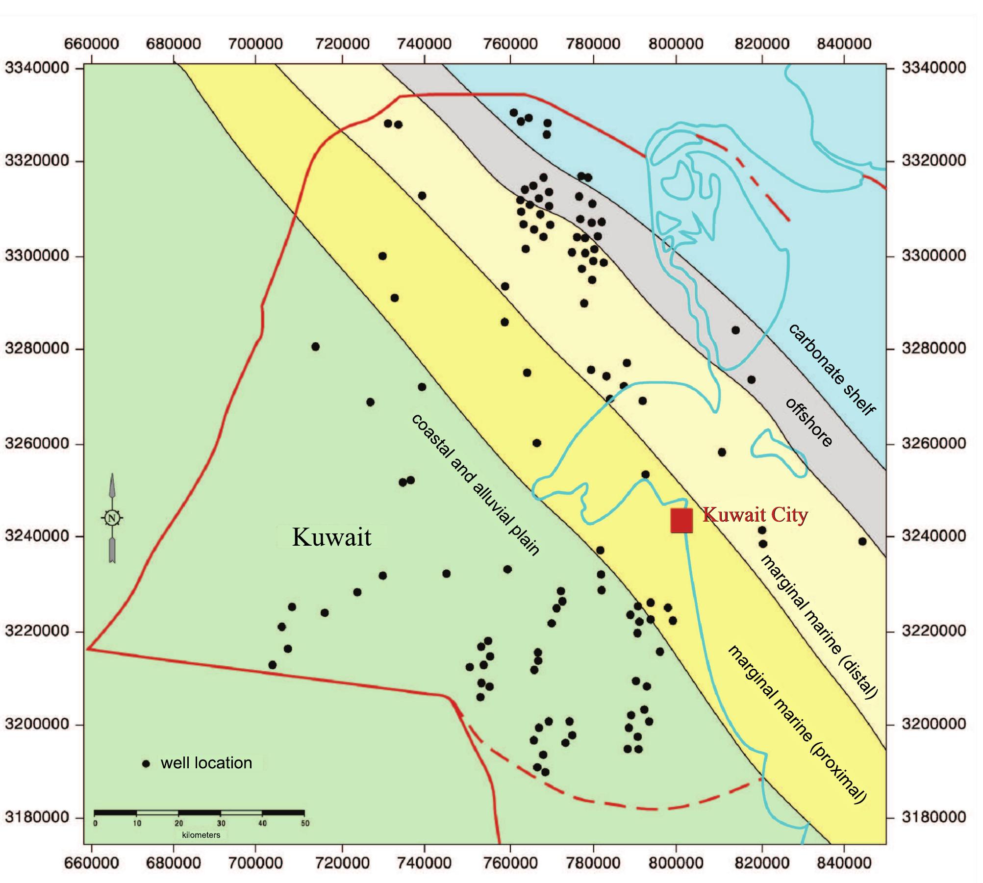 Paleogeographic map showing the depositional environments of