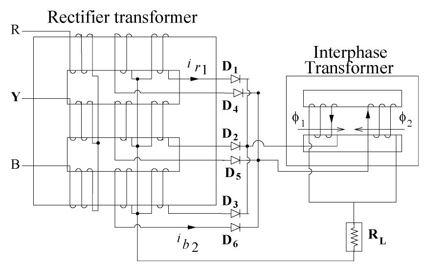 Parallel operation of two three-pulse rectifiers with