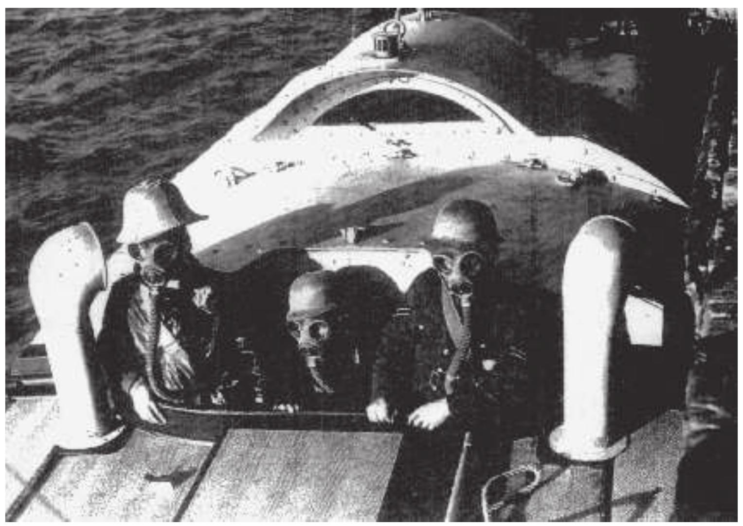 Three-man crew of a target boat during a bombing trial,