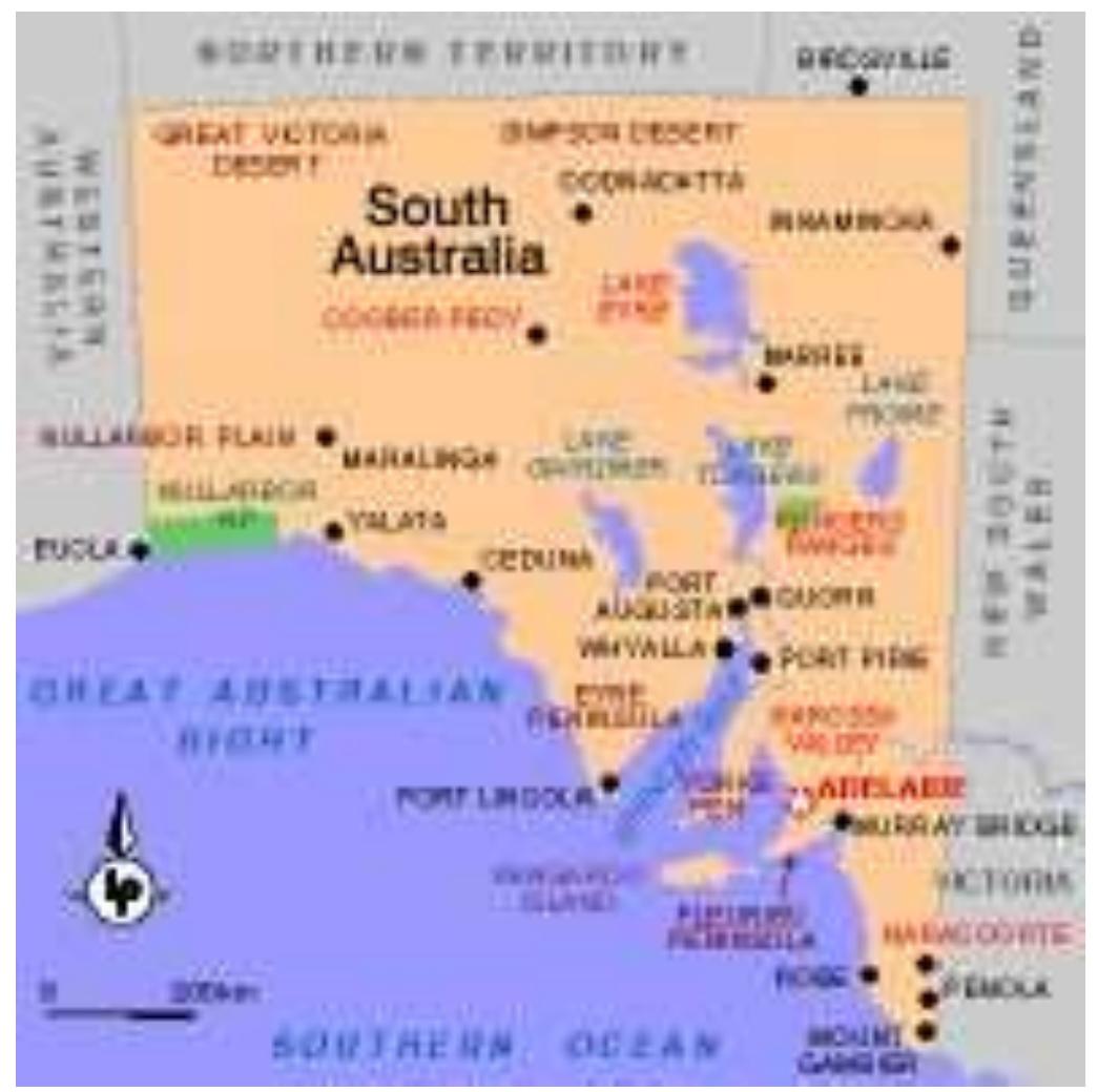 Map of south australia showing locations of lake eyre and