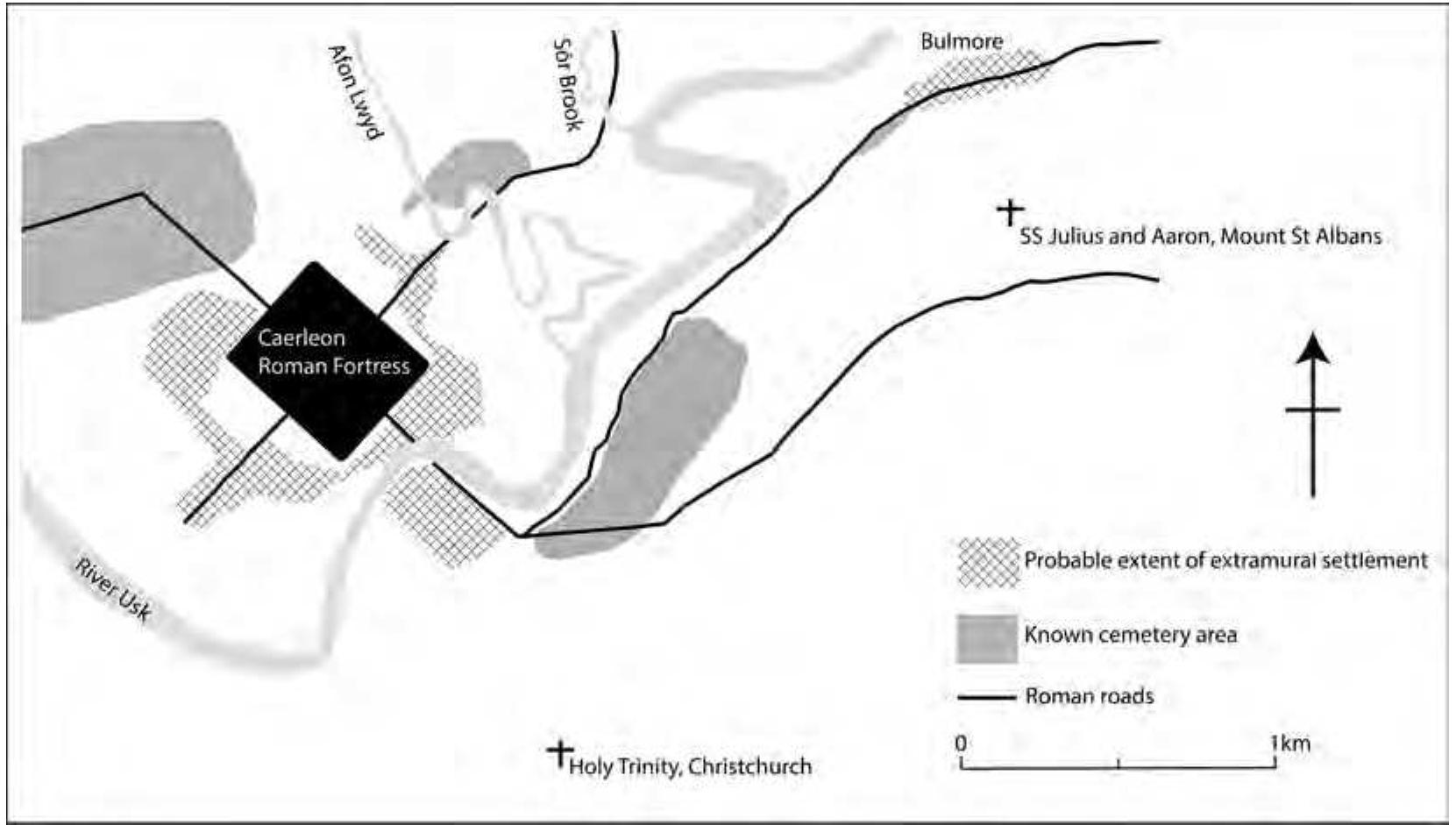 Map of caerleon showing the probable location of the church