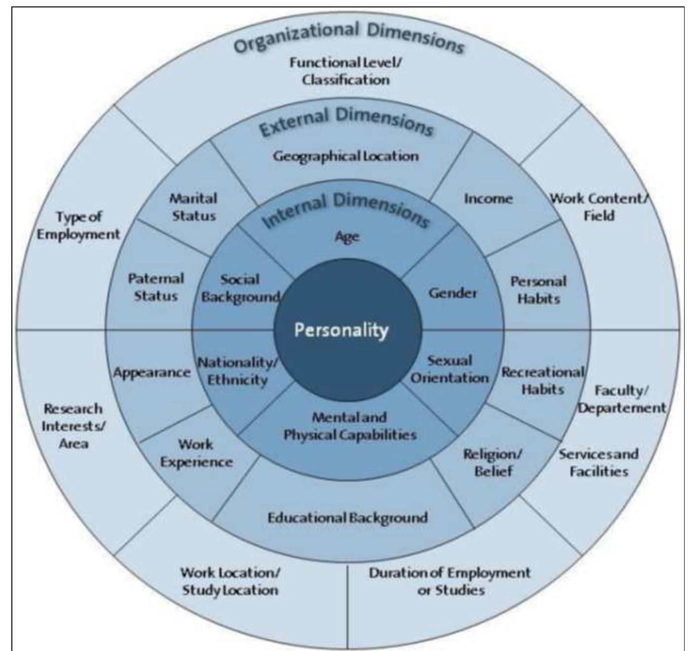 Dimensions of diversity wheel associated with gender, age,